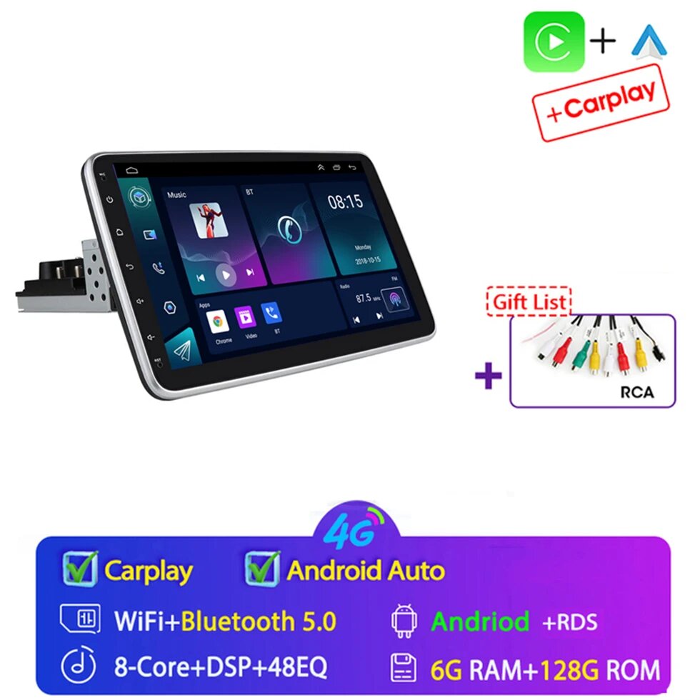 10,1-дюймовый Android 15, поворотный экран Android, автомобильное радио, 1Din 6G 128G carplay