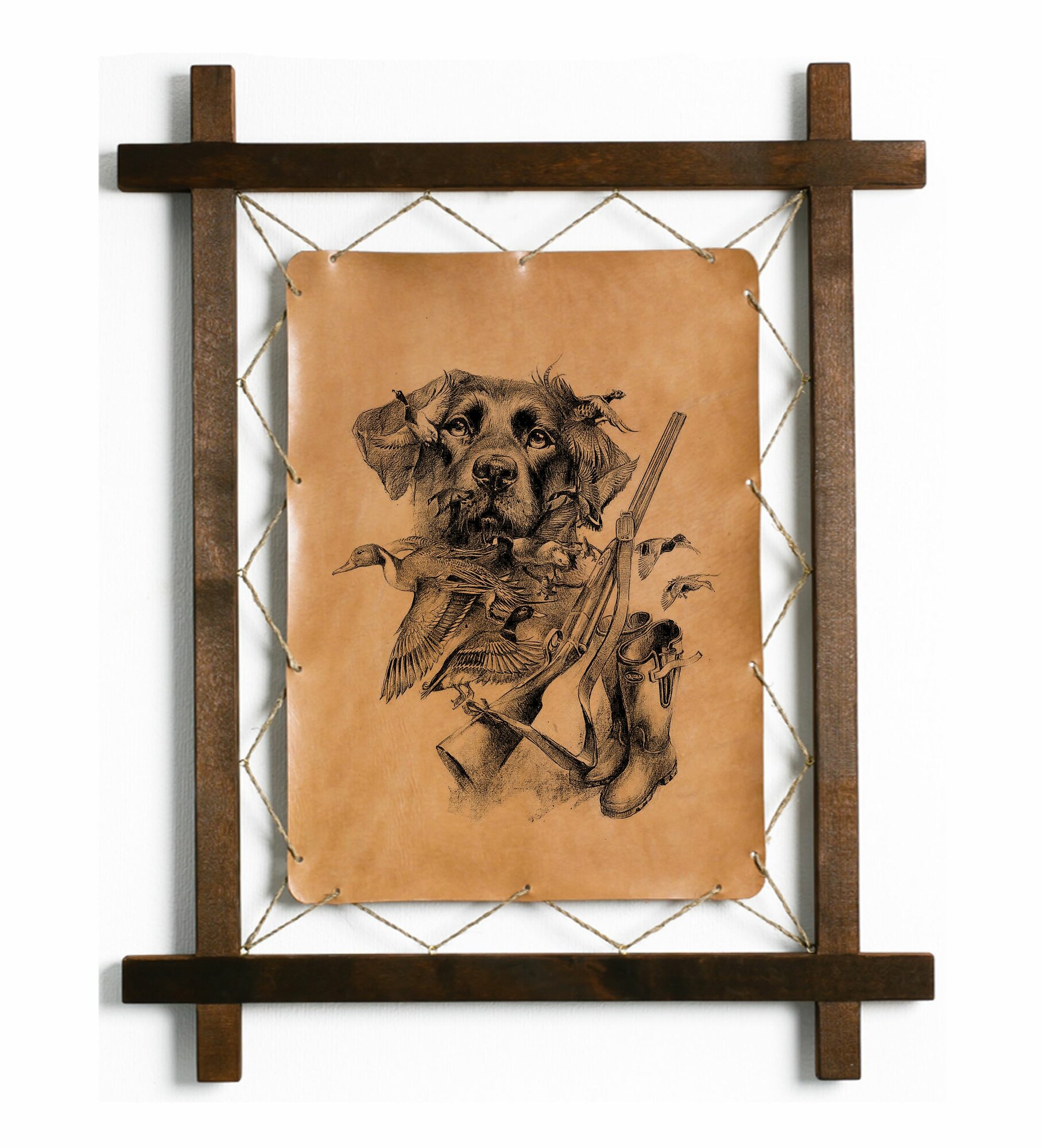 Интерьерная картина из натуральной кожи "Собака охотника", декоративное настенное панно в деревянной раме, BoomGift