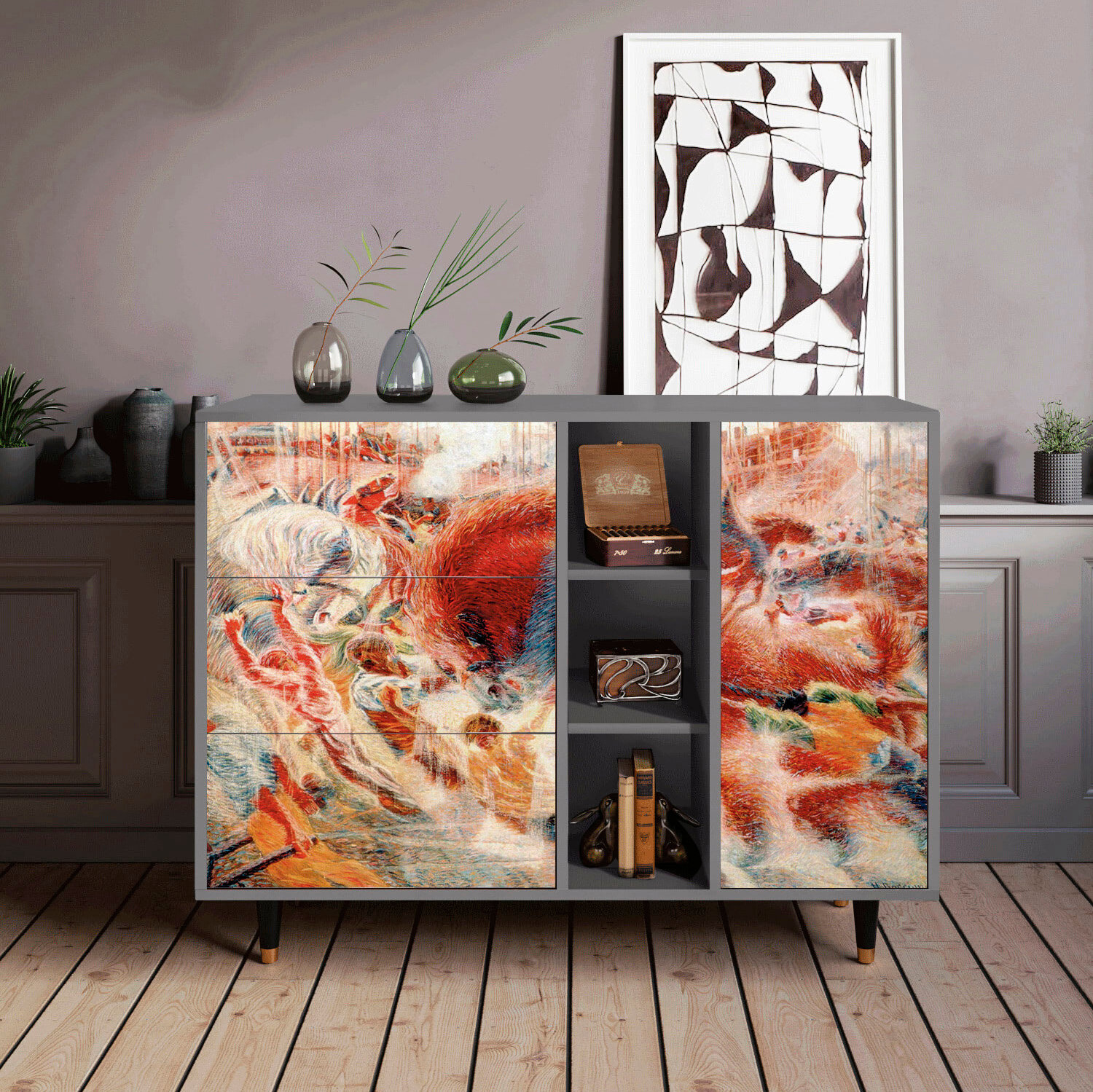 Комод - STORYZ - BS2 The City Rises by Umberto Boccioni, Разер - 125 x 97 x 48 см , Цвет корпуса - Серый