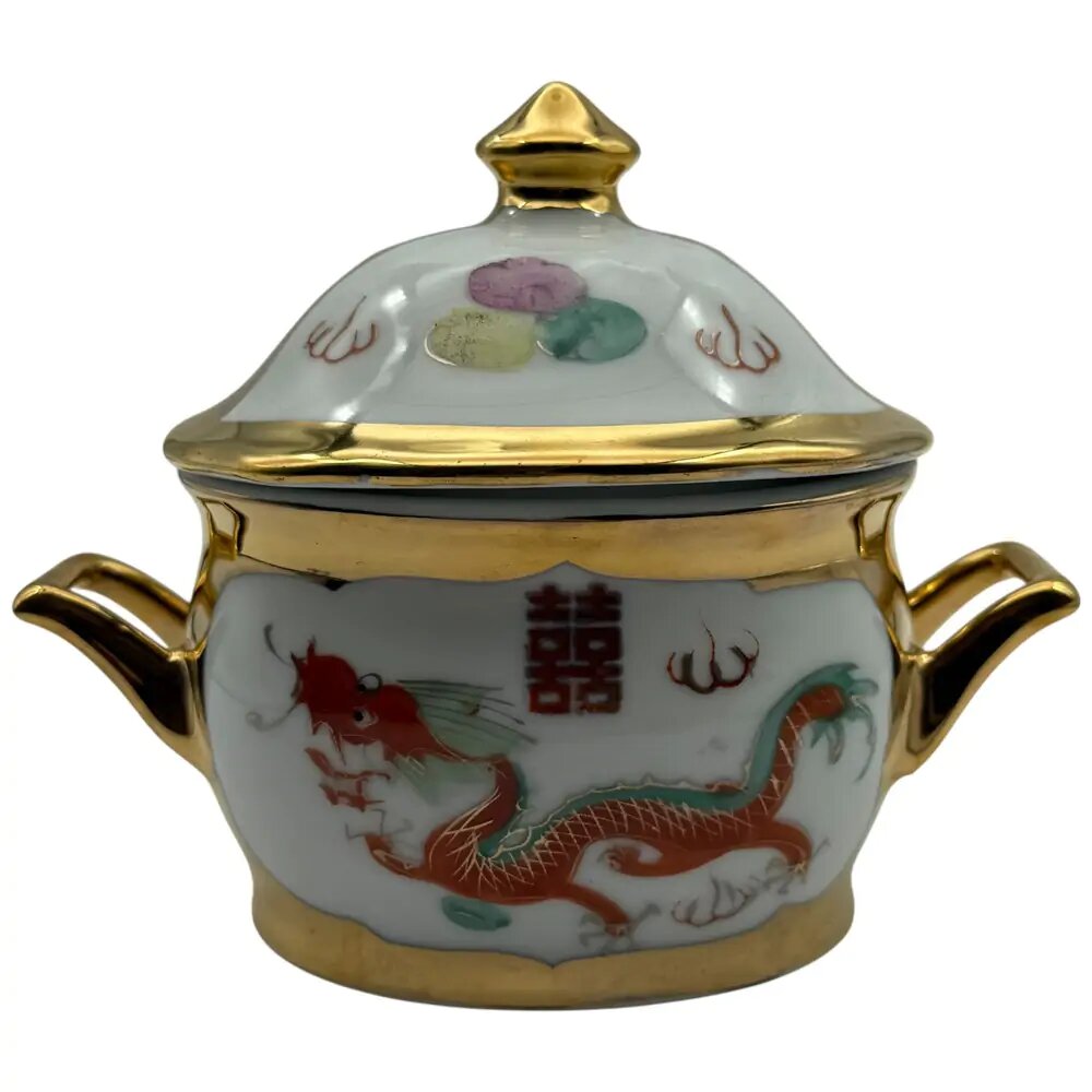 Сахарница "Красный Дракон и Феникс", 300 мл, роспись, позолота, 1960-1970 гг, Цзиндэчжэнь, Китай