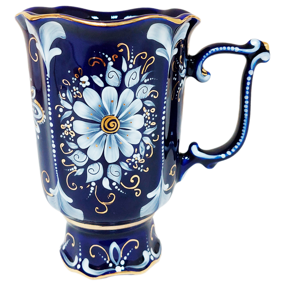 Фарфоровая чашка ручной работы "Тюльпан", гжель в кобальте с золотом