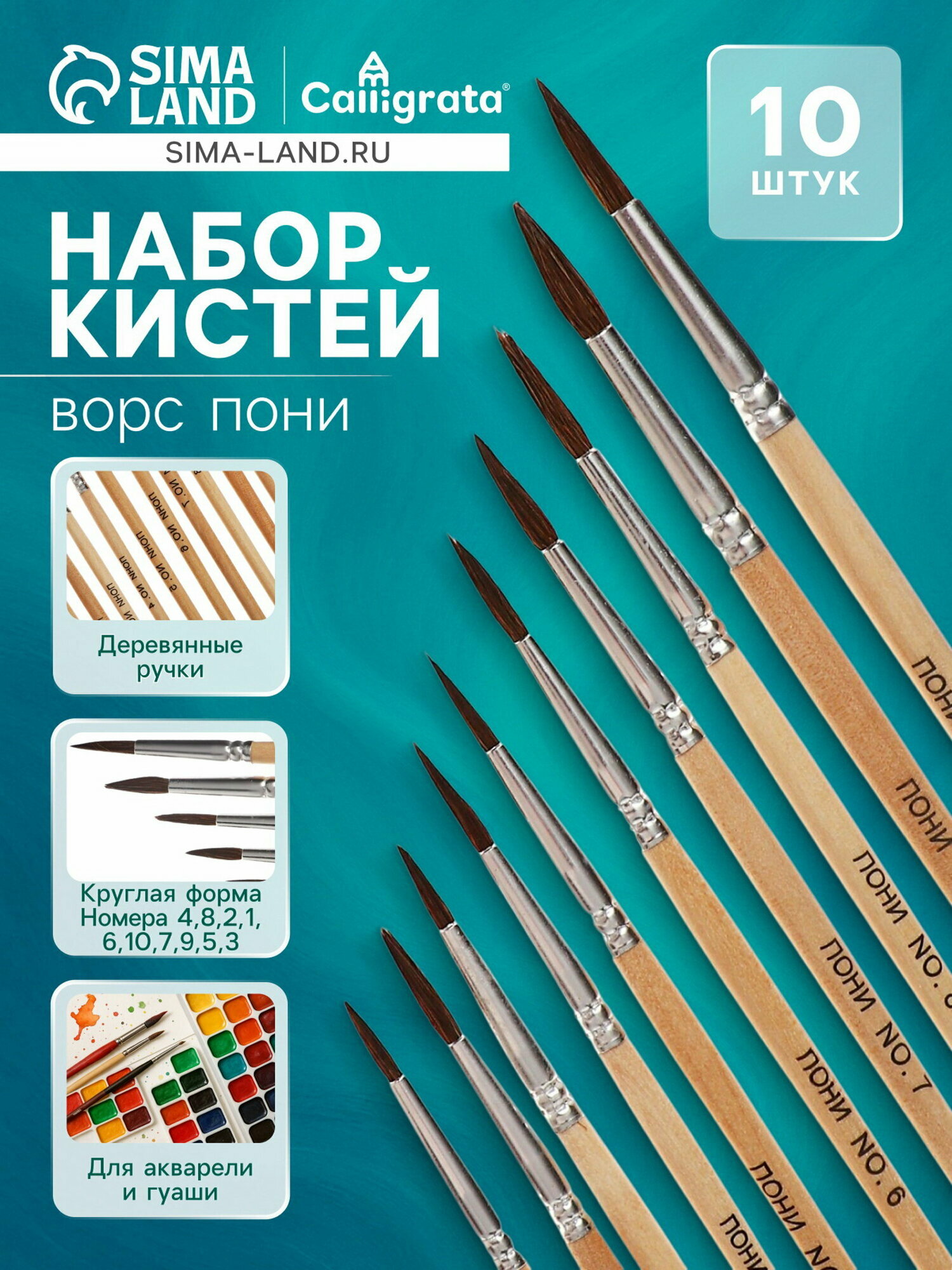 Набор кистей для рисования, пони, 10 штук: № 1, 2, 3, 4, 5, 6, 7, 8, 9, 10, круглые, деревянная ручка, международный размер