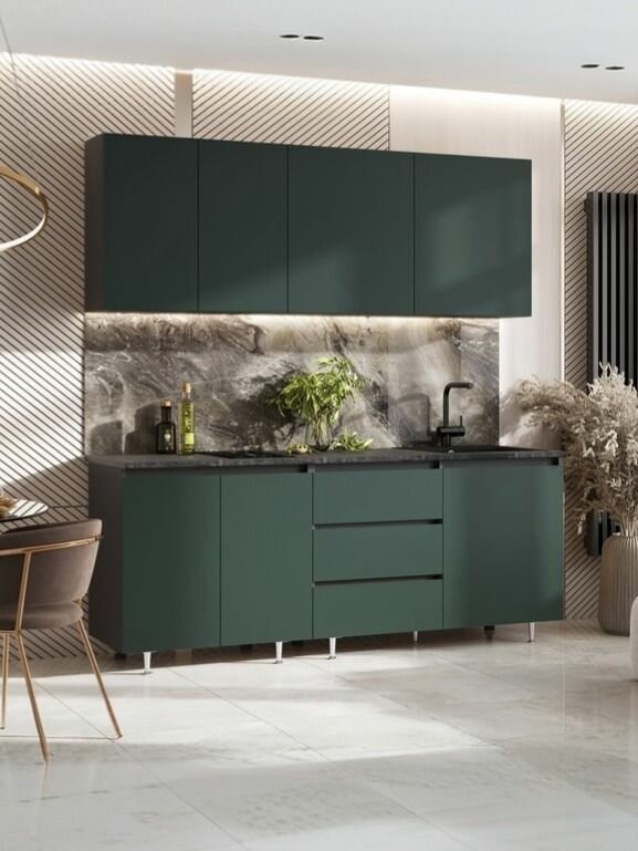 Кухонный гарнитур Челси 2м ЛДСП изумрудный/графит со столешницей