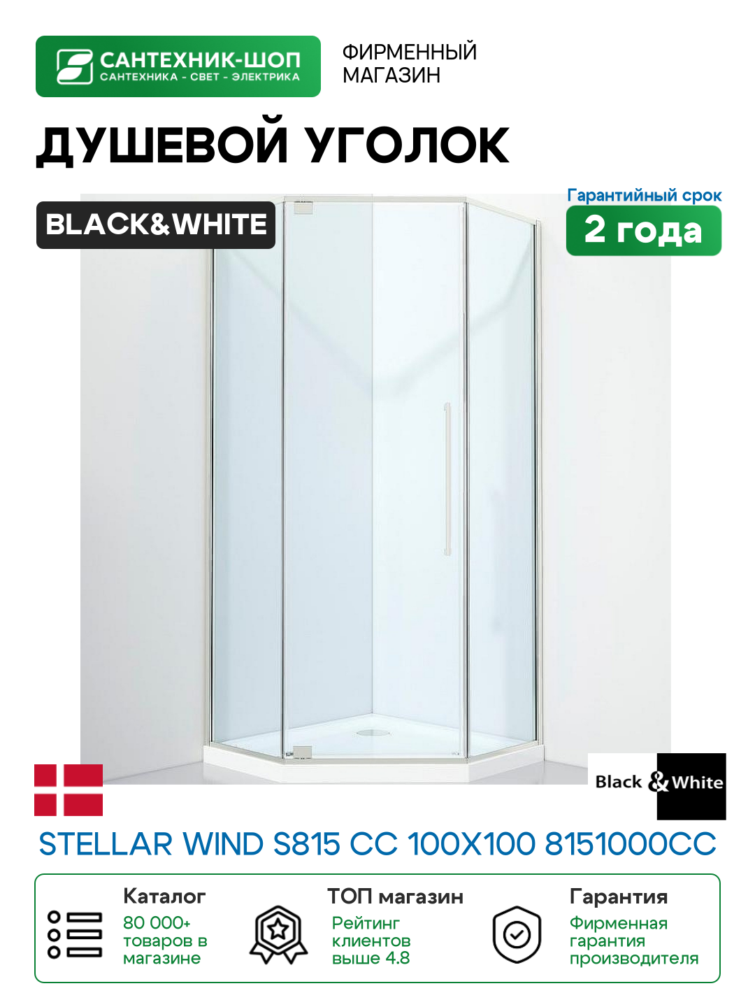 Душевой уголок Black&White Stellar Wind S815 CC 100x100 8151000CC профиль Хром стекло прозрачное