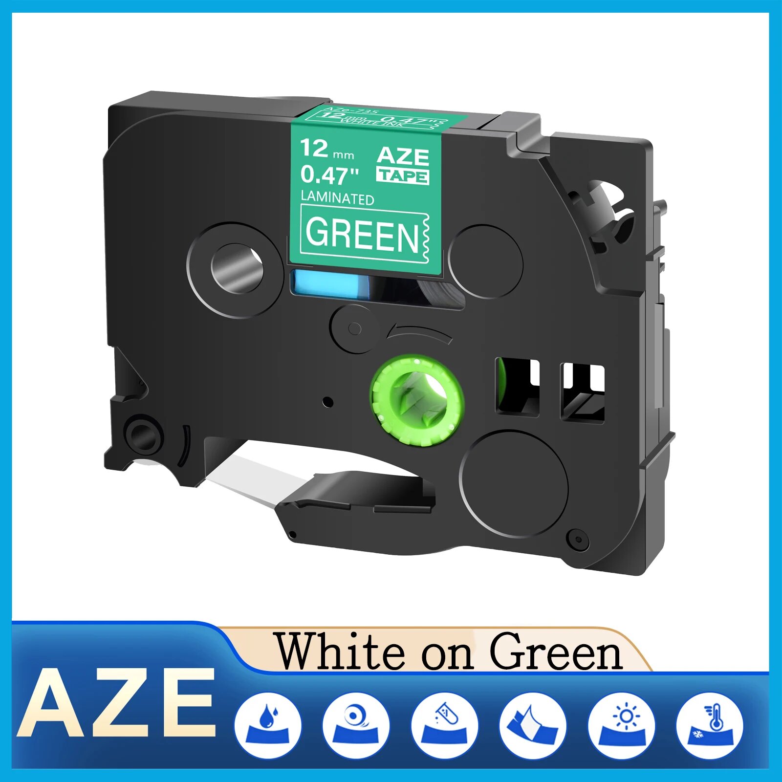 Лента для принтера AZE 12 мм, зеленая, White on Green