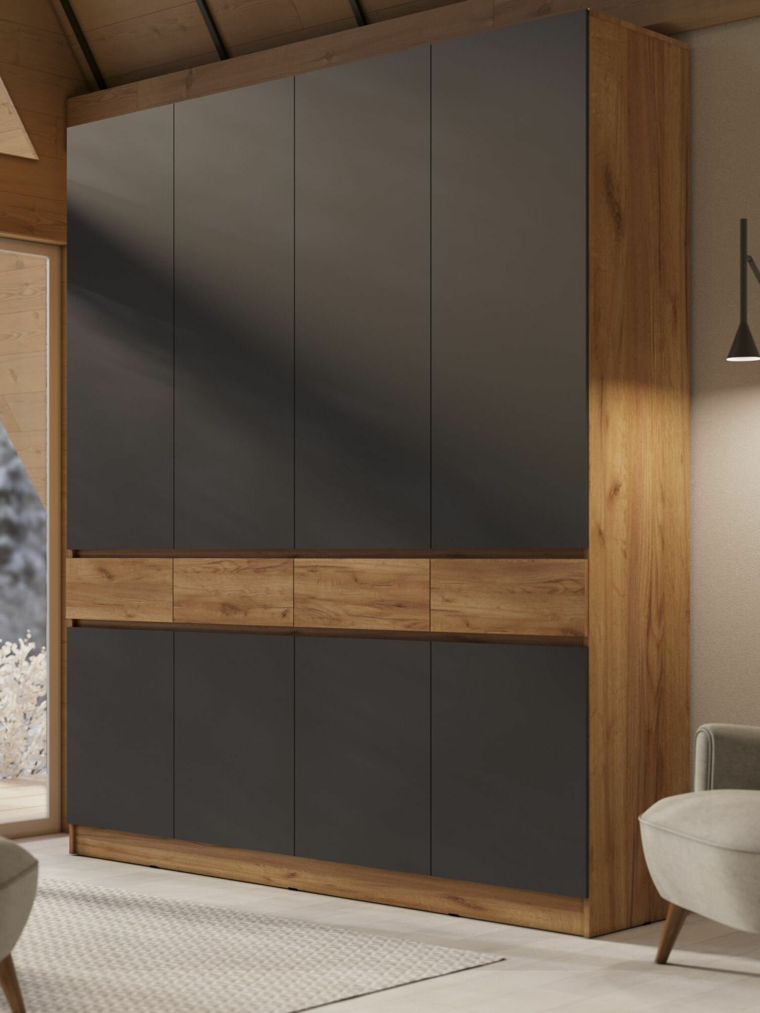 Шкаф 4-ств. распашной Регина 1998х2400х520 (Графит/Дуб Крафт) МИФ