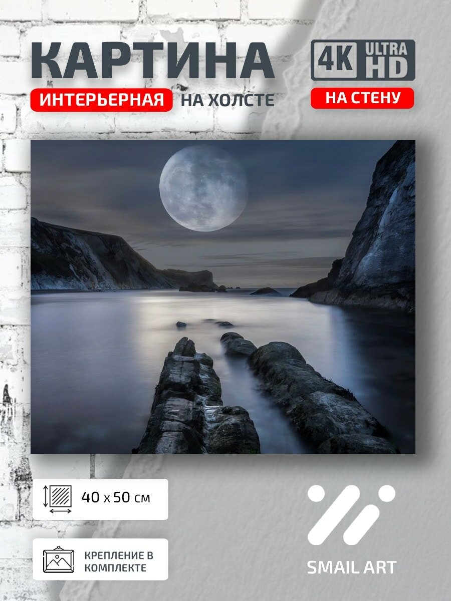 Картина на холсте интерьерная 40 на 50 на стену Пейзаж полнолуние для спальни атмосфера