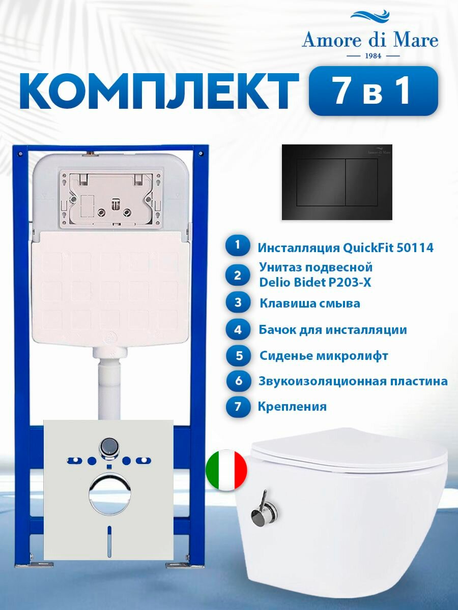 Комплект инсталляции Amore di Mare QuickFit 50114 с унитазом Delio Bidet P203-X с кнопкой 814MB 7 в 1, Италия