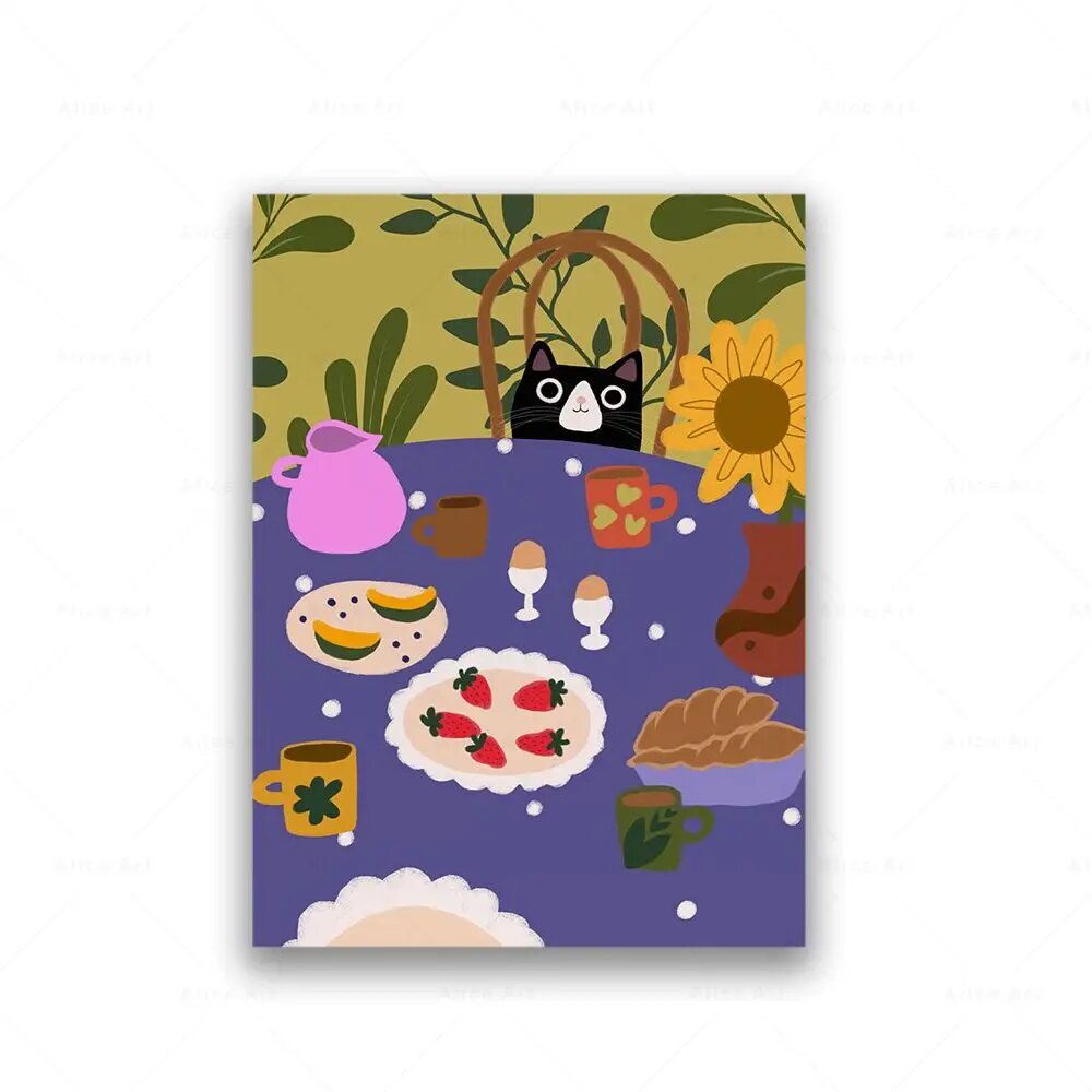 Картина на холсте "Кошка, кофе, торт" 40x50см, Цвет: 14, Без рамы