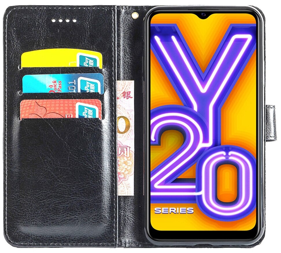 Чехол-книжка MyPads для Vivo Y20 из качественной импортной кожи с подставкой застёжкой и визитницей черный
