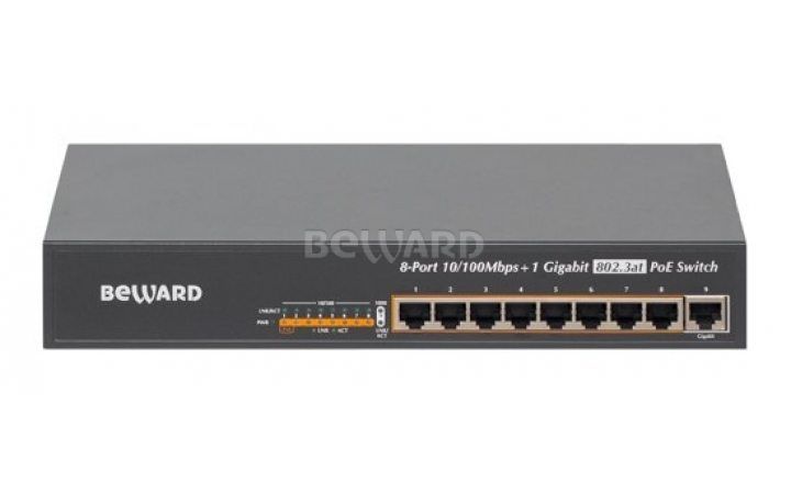 Коммутатор Beward ST-810HP, 8 портов 10/100 Мбит/с + 1 гигабитный порт, PoE+ 802.3at, 130 Вт, металлический корпус. Товар уцененный
