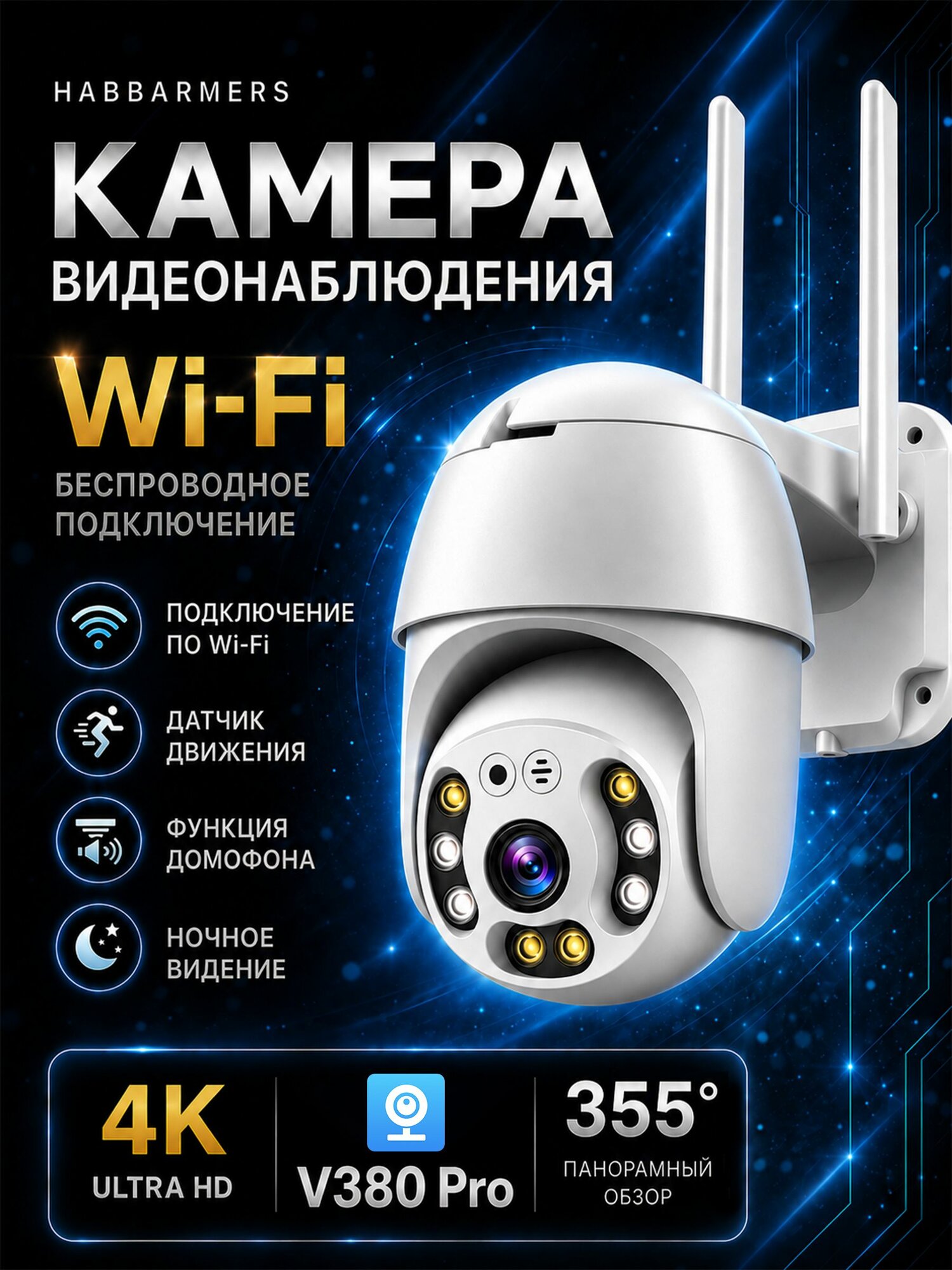 Камера видеонаблюдения Wifi уличная, поворотная IP-камера для домашнего использования с датчиком движения и двусторонней связью, белый