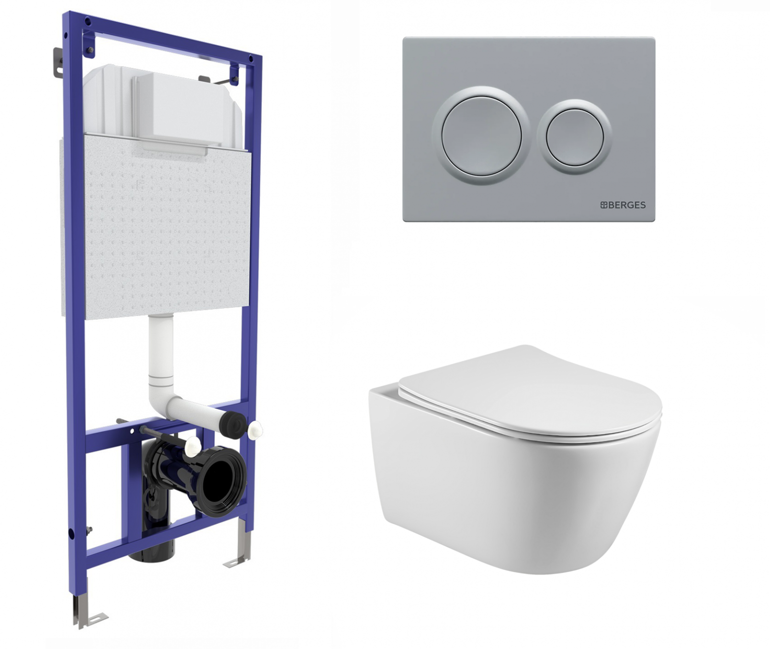 Комплект 3 в 1 инсталляция Berges Novum O2 + Унитаз подвесной Акватек Вега AQ1905-00 с кнопкой матовой хром