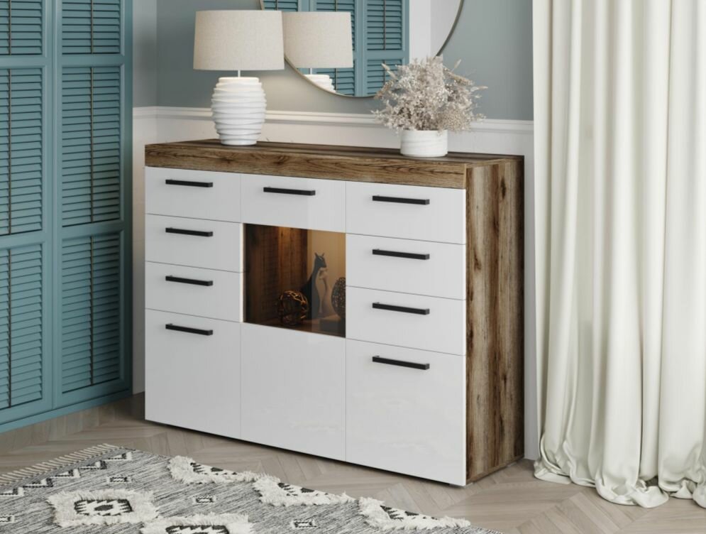 Комод Бастон Дуб Делано/ Белый глянец, ЛДСП/Стекло, отдельностоящий