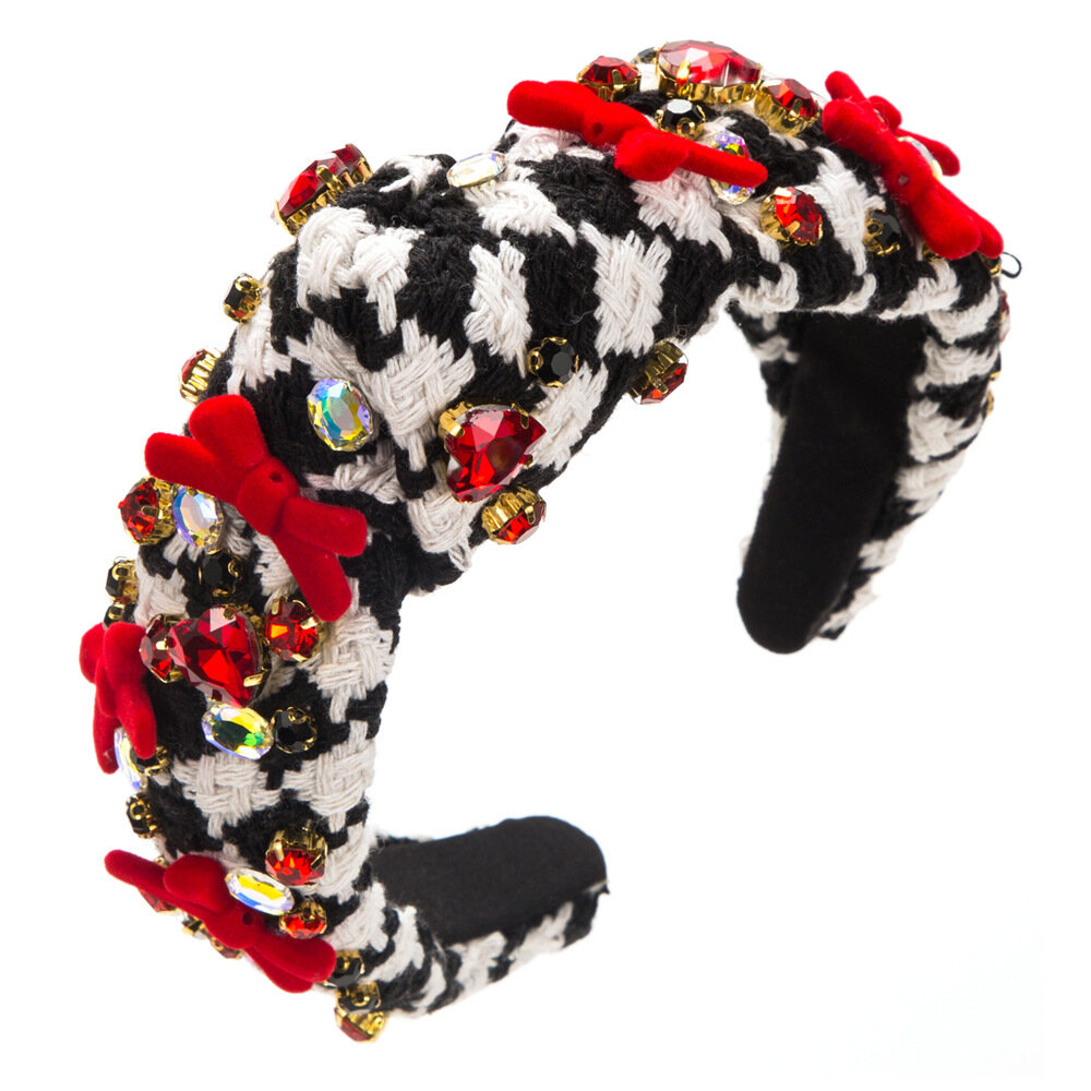 Повязка на голову "Бант", черно-белая, сшит вручную, с бриллиантовым цветком