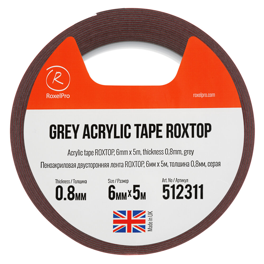 RoxelPro Пеноакриловая двусторонняя лента, толщина 0,8мм, 6мм х 5м, серая