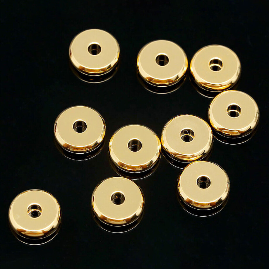 Бусина металлическая 8х2мм, Корея, рондель Heishi, гладкая, базовый материал - латунь, позолоченная, 2 шт.