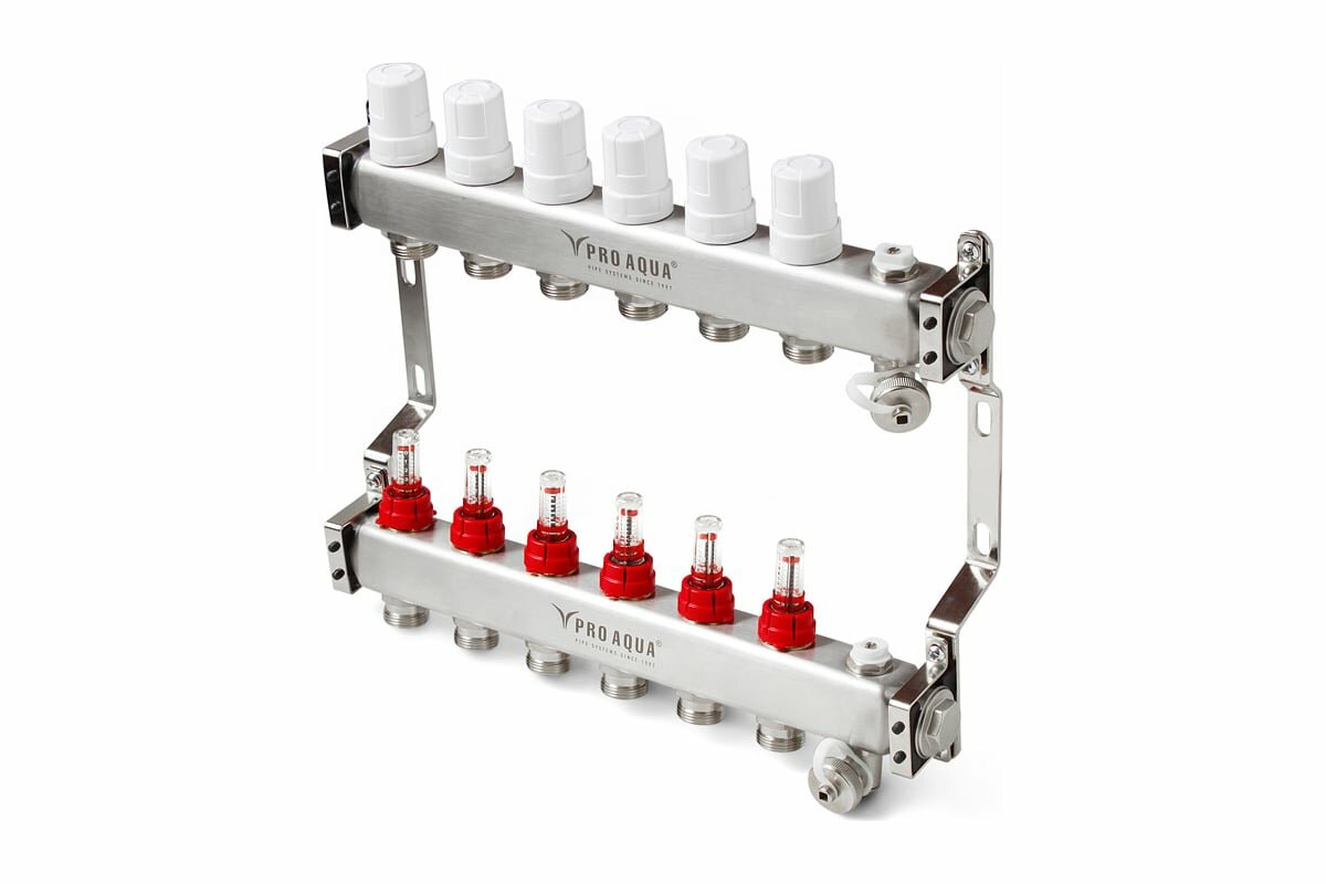 PRO AQUA Коллекторный блок с расходомерами 6 выходов, 380 мм, 1 x 3/4 V500MB.06 V500MB.06b