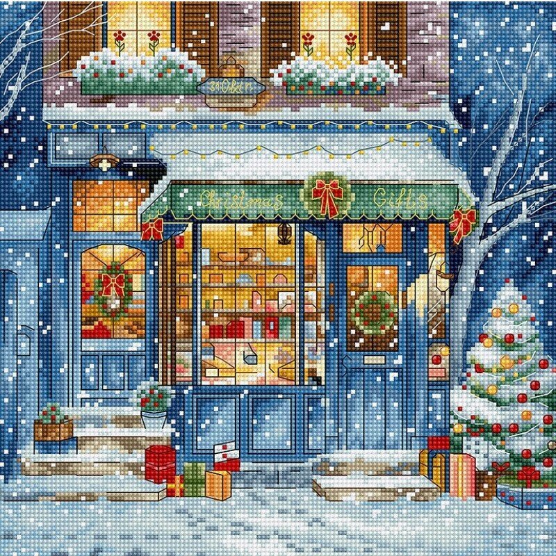 Набор для вышивания LetiStitch #L8109 Christmas Gifts Shop (Магазин рождественских подарков), Счетный крест, 21 x 21 см