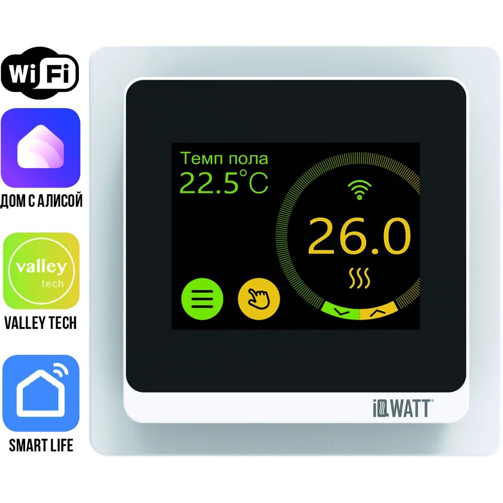 Программируемый терморегулятор с цветным сенсорным tft дисплеем smart heat wi-fi и голосовым управлением алиса (белый) IQWATT 400110 для умного дома