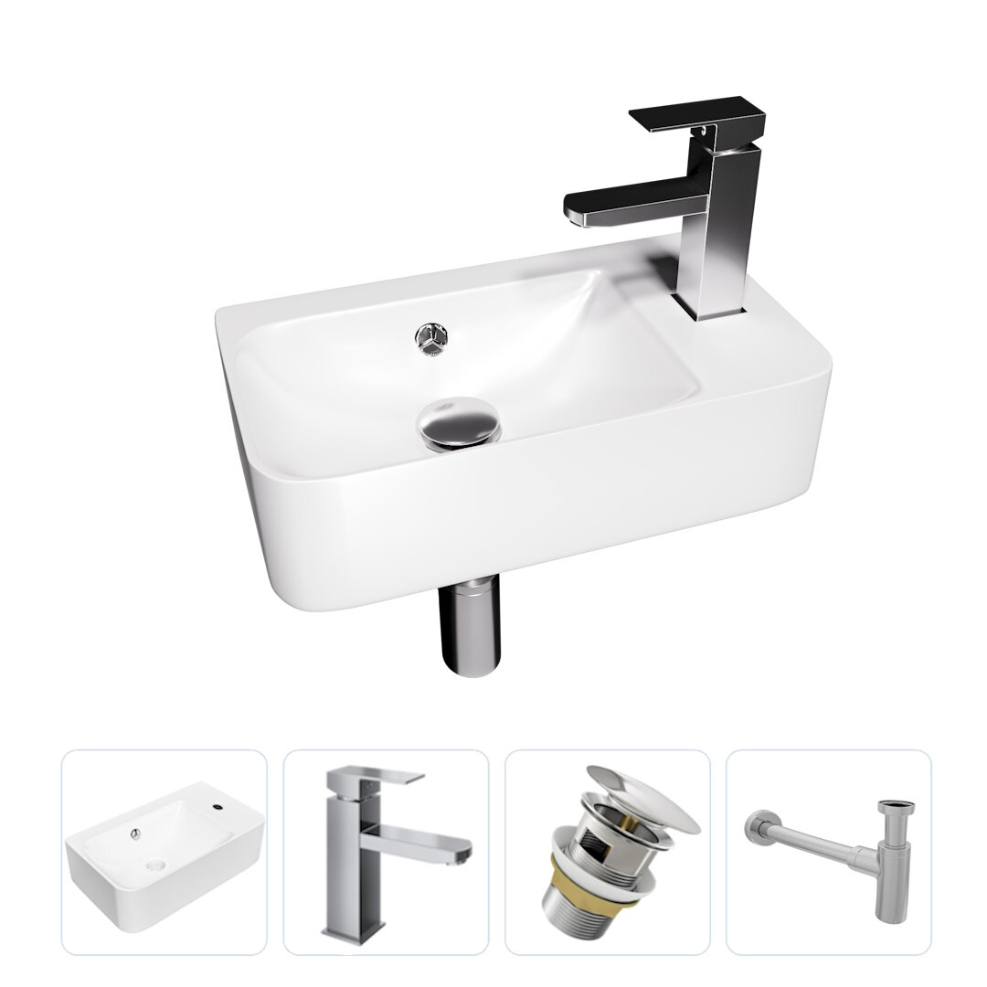 Раковина подвесная для ванной Teymi Hanna 45 правая в комплекте смеситель хром донный клапан клик-клак с переливом хром и сифон хром F13069