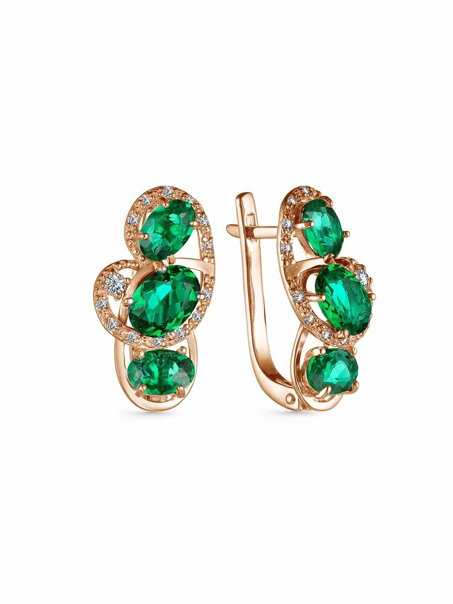 Серьги, красное золото, 585 проба, бриллиант, изумруд синтетический, изумруд