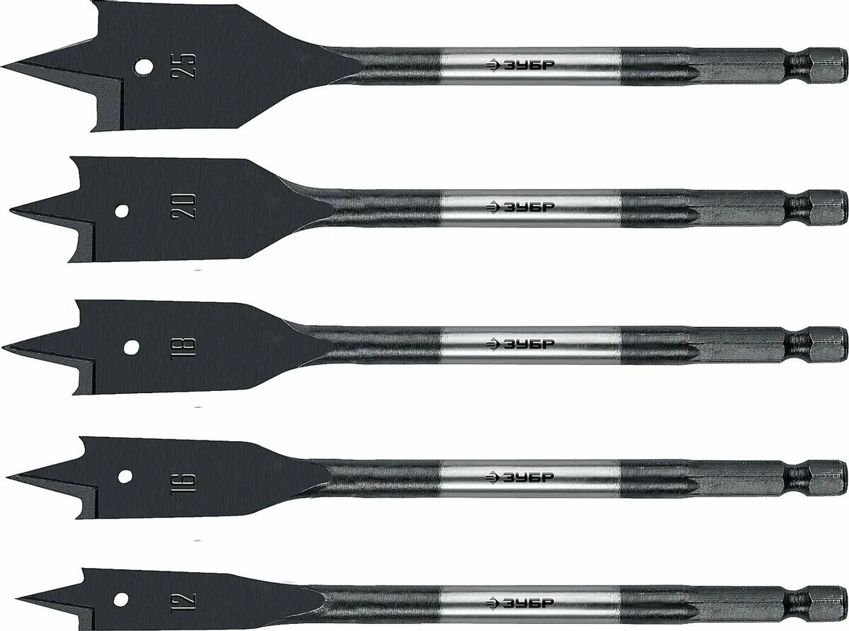 Набор перовых сверл по дереву ЗУБР 5 шт(d=12-25 мм) с боковыми подрезателями, HEX 1/4" 29505-H5_z0