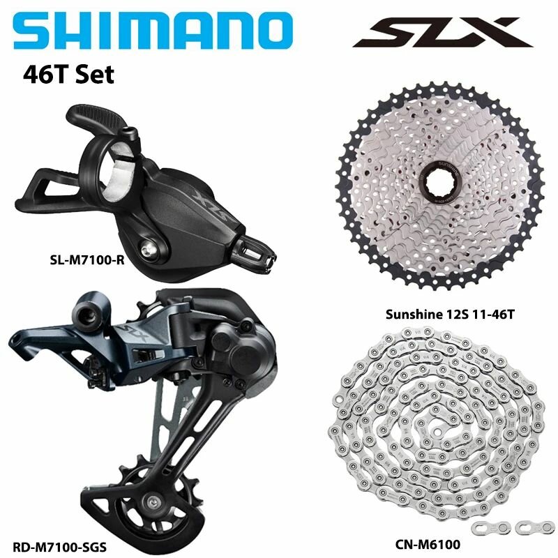 Shimano SLX M7100, группа 1x12, переключение SL-R/RD-SGS (Без окном), кассета Sunshine 11-46T, цепь CN-M6100 126L, Комплект для переключения скоростей велосипеда (набор из 4 шт.)