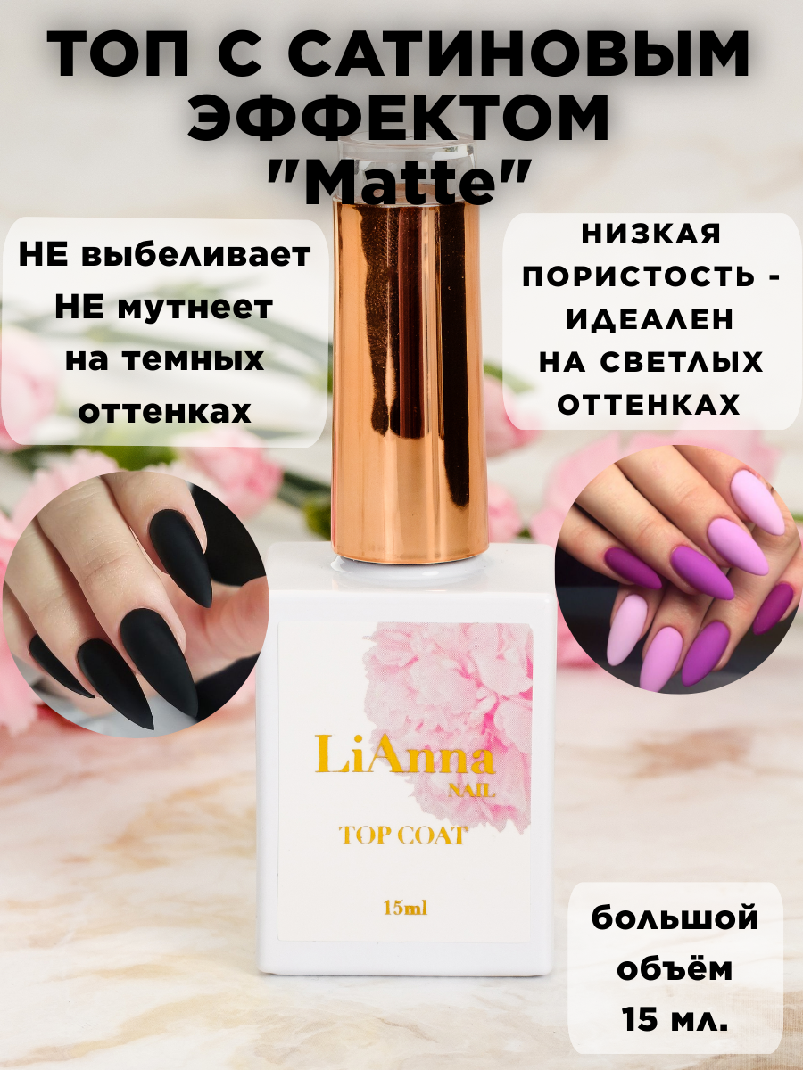 Топ для ногтей "Matte", матовый с сатиновым эффектом, без липкого слоя, 15 мл.