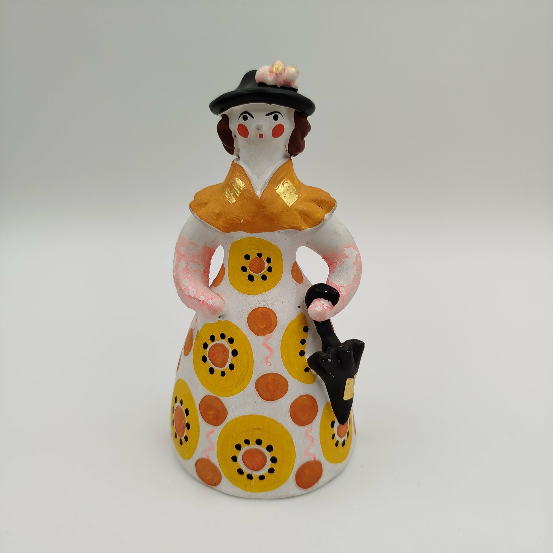 Игрушка "Барыня с зонтиком", этикетка магазина "Березка", глина, лепка, роспись