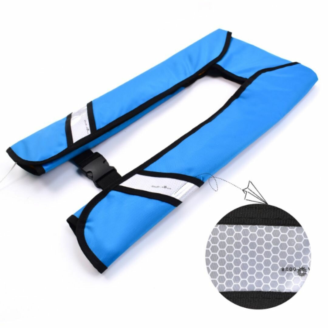 Спасательный жилет автоматический со светоотражателями голубого цвета. Спасжилет надувной для рыбалки и лодки