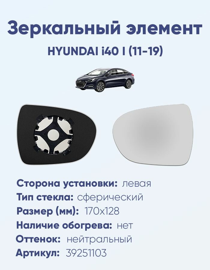 Зеркальный элемент левый HYUNDAI i40 I (11-19) сфера нейтральный без обогрева