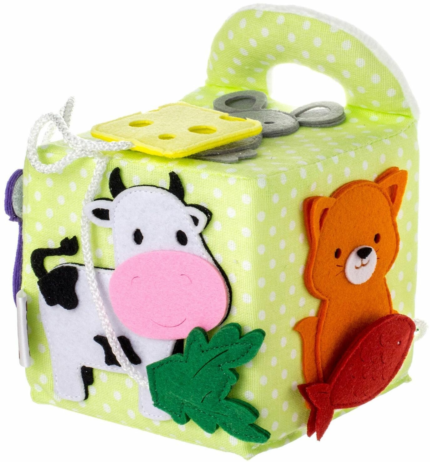 Фетровый бизикубик "Кто что ест", детская игра для развития мелкой моторики, мягкая игрушка с липучками для изучения геометрических форм