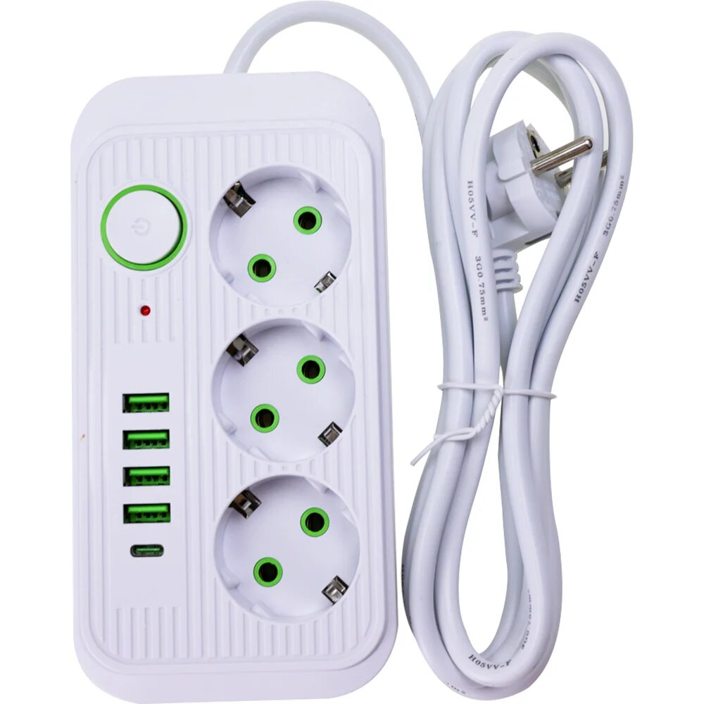 Сетевой фильтр TENDENZA с заземлением на 3 розетки, 4 USB,1 Type-C TZ-SP002
