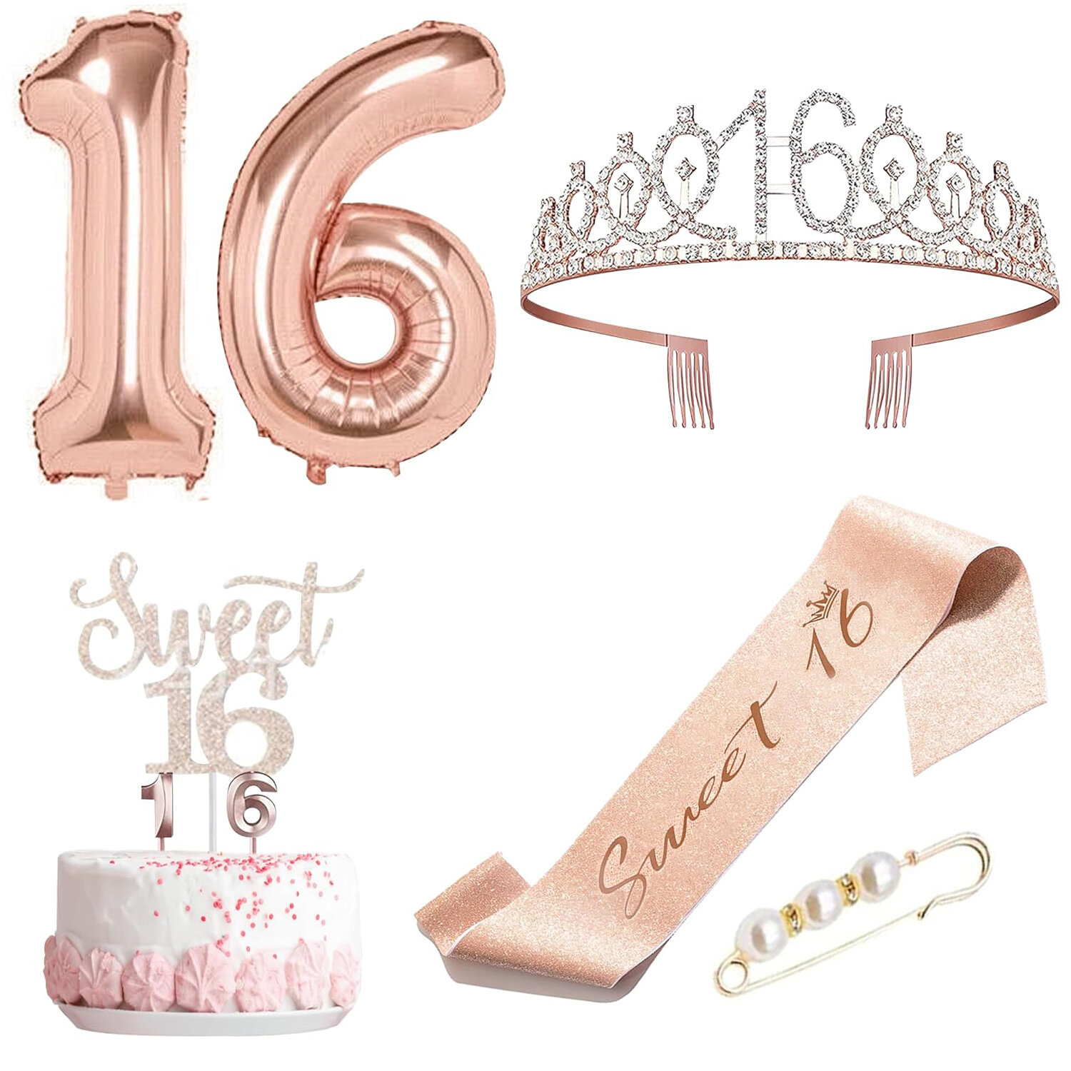Декорации для 16-го дня рождения, корона для 16-го дня рождения, топпер для торта, свечи с номером 50, пояс для дня рождения, розово-золотые декорации для вечеринки 16-летнего дня рождения для женщин, подарки