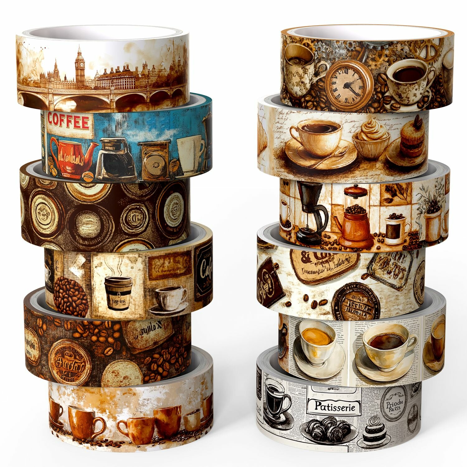 12 рулонов декоративной васи-ленты в винтажном кофейном стиле, набор для скрапбукинга, декора и упаковки подарков, японская бумага washi, креативные кофейные узоры для дневников и планеров