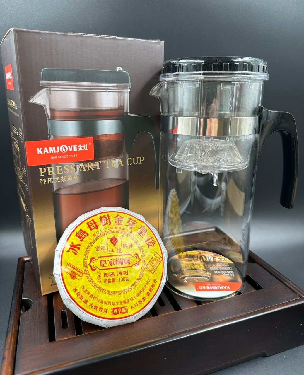 Набор шу пуэр блинчик 100 грамм и чайник проливник для большой компании Kamjove 1000мл.