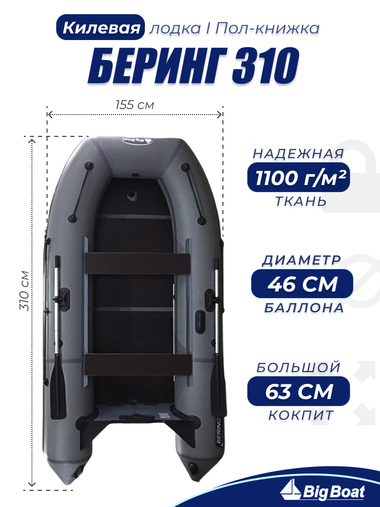 Надувная, под мотор, килевая лодка из ПВХ для рыбалки Bering (Беринг)310К пол-книжка