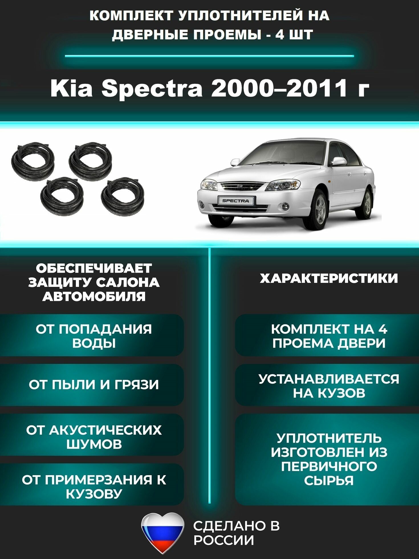 Комплект уплотнителей проемов дверей для Kia Spectra 2000-2011 г, Кия Спектра (на 4 дверных проема - 2 передних и 2 задних)