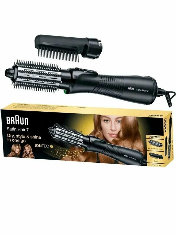 Braun Фен-щетка для волос AS720 700 Вт, кол-во насадок 2, черный