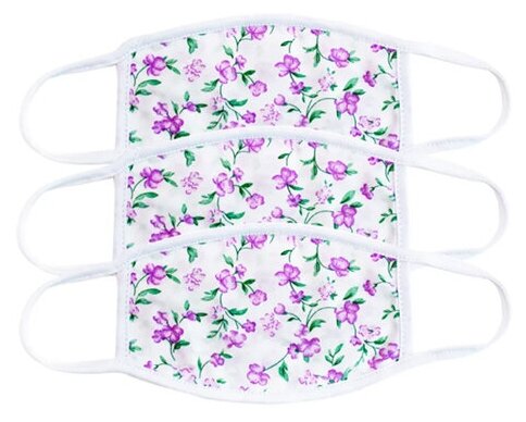 9028-402 Маска хлопковая трехслойная (комплект 3 шт.) (универсальный; белый/ сиреневые цветы (2056))