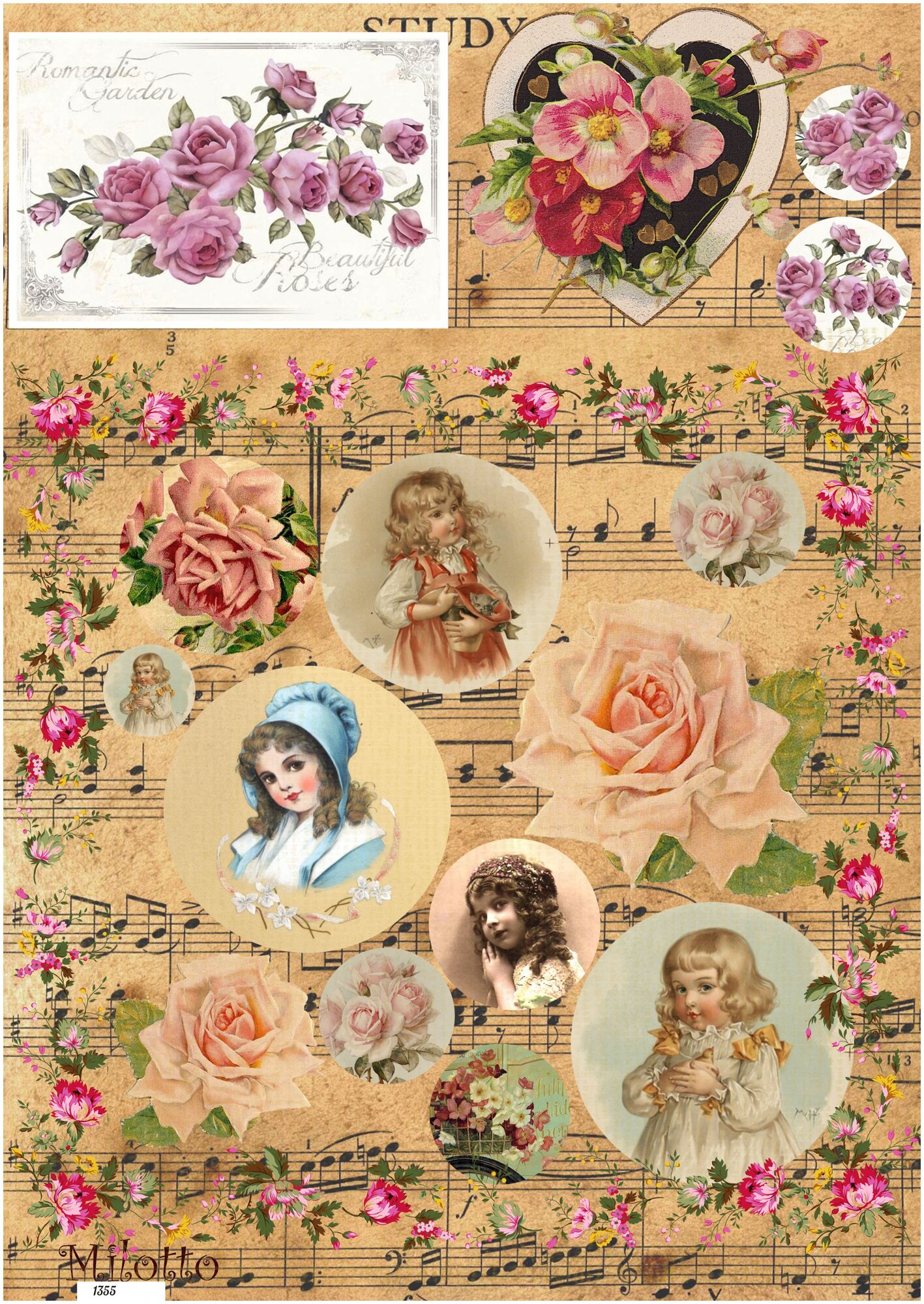 Рисовая бумага для декупажа А4 ультратонкая салфетка 1355 цветы девушки винтаж крафт Milotto