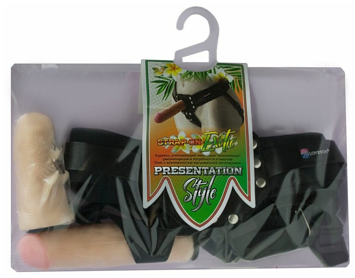 Черный пояс-трусики с двумя телесными насадками Экзотик-Linda - 15,2 и 10 см, телесный с черным