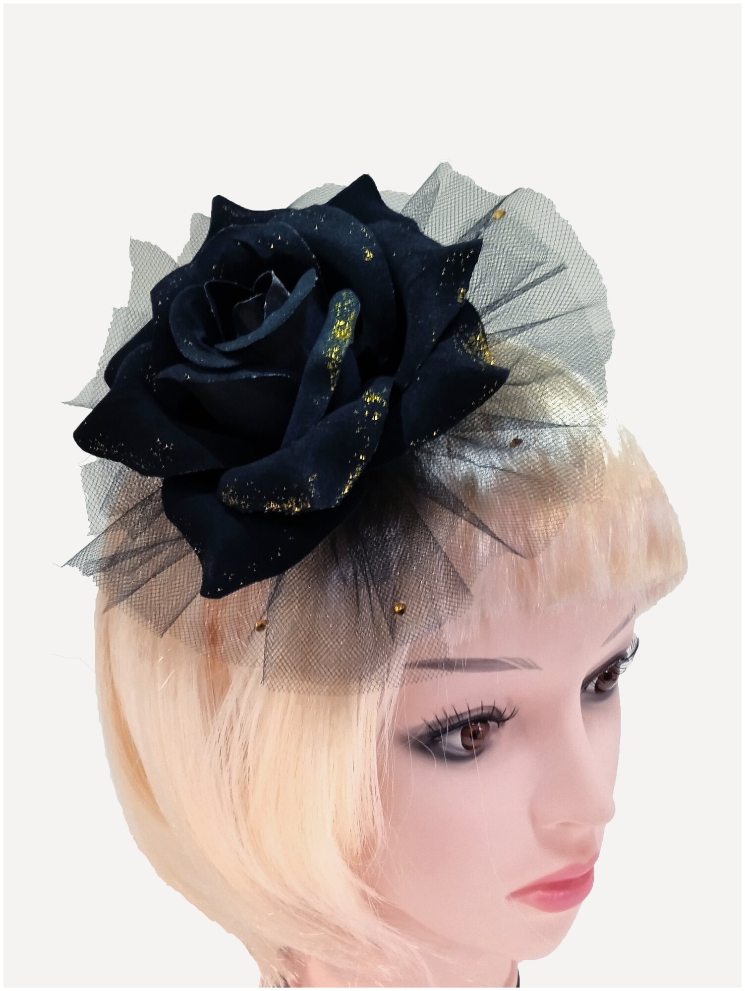 Заколка для волос Черная Роза с фатином акссесуар для вечеринки
