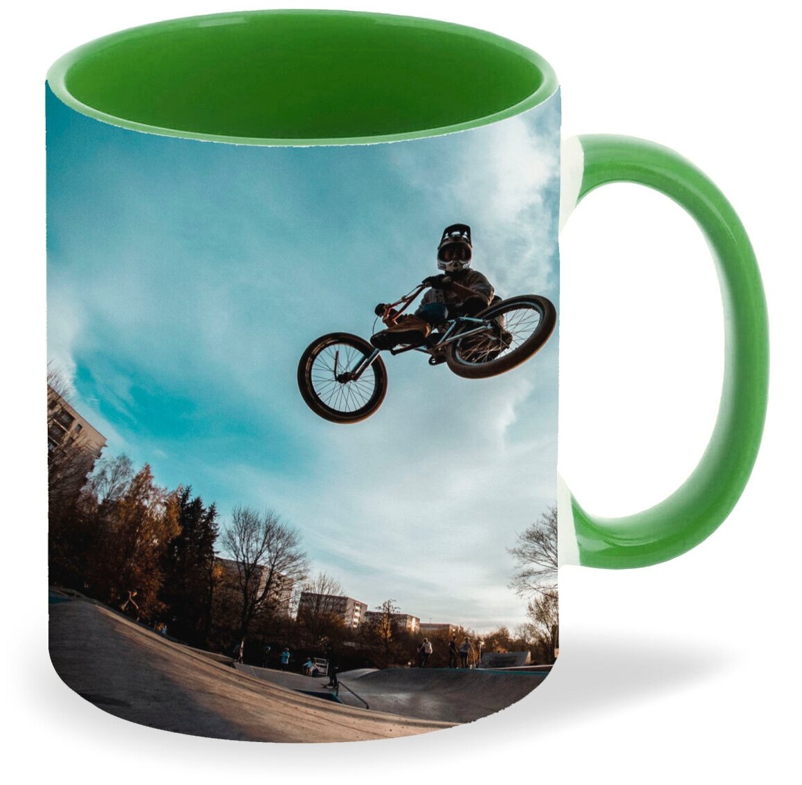 Кружка зеленый CoolPodarok Велосипед Велосипедист Трюк Шлем