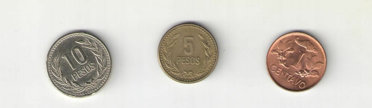 Монеты 1 сентаво и 5, 10 песо Колумбия 1969-1990