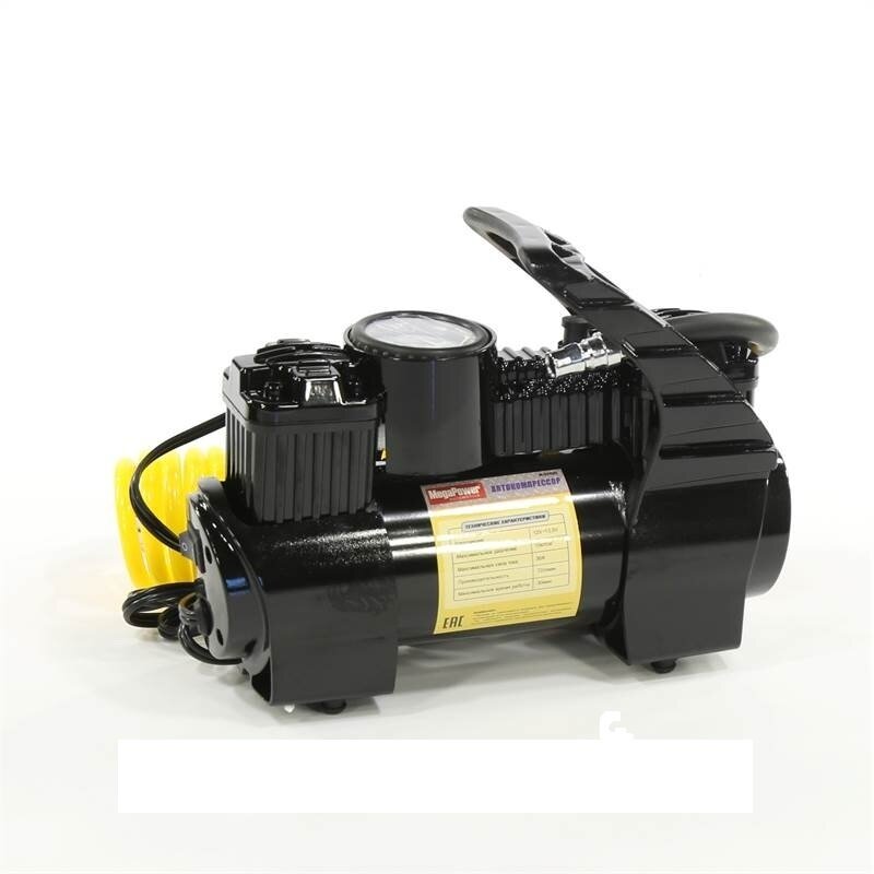 Компрессор поршневой двухцилиндровый 150PSI (72л/мин, 30А) с дефлятором, длинный шланг, в сумке 12V M-55020 MEGAPOWER
