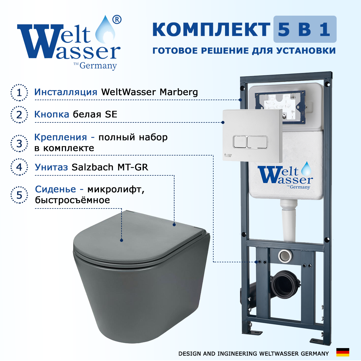 Комплект 3 в 1 инсталляция WeltWasser WW Marberg 410 10000005948 + Подвесной унитаз WeltWasser Salzbach 043 MT-GR + кнопка белая глянцевая SE 10000011591_