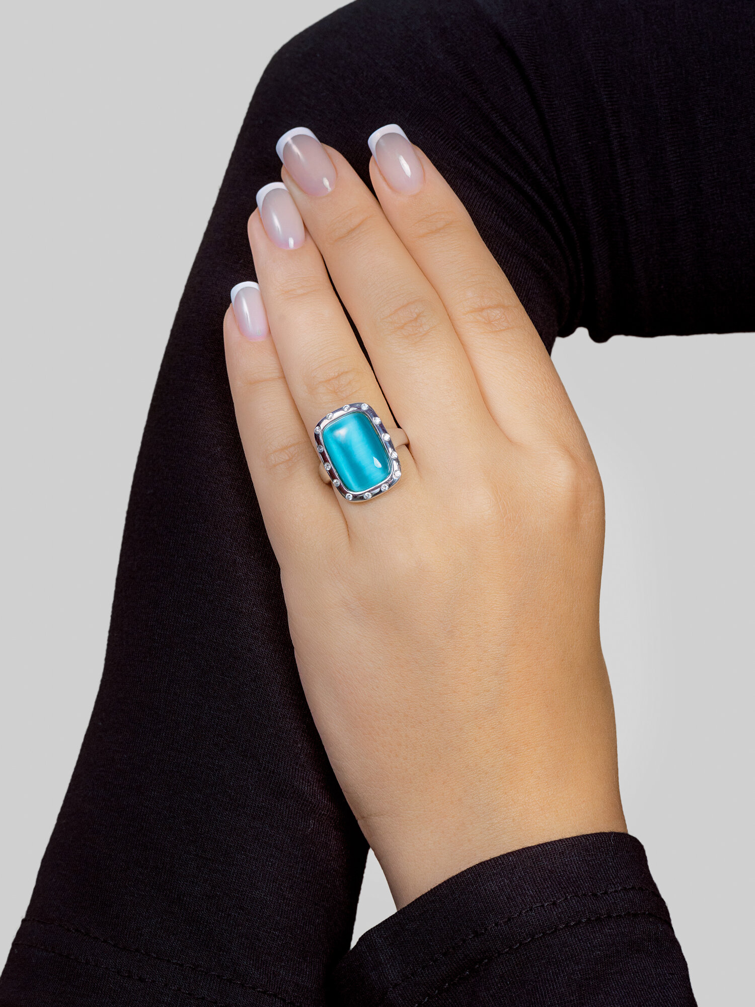 Кольцо, серебро, 925 проба, родирование, кошачий глаз, улексит синтетический, фианит