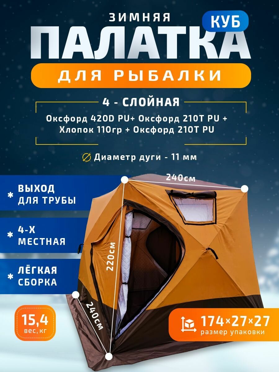 Мобильная баня/ Туристическая зимняя теплая палатка 4-местная / Палатка куб для зимней рыбалки четырехслойная